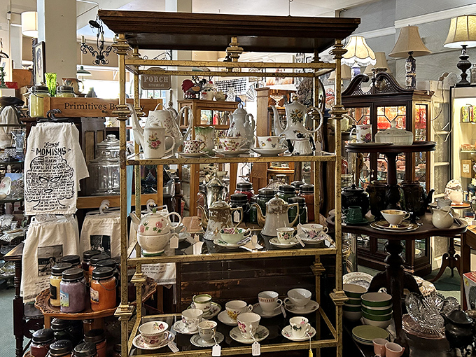 Tea sets arranged like a Victorian social hierarchy&mdash;the fancy bone china clearly outranking the everyday pottery in this delicate pecking order.