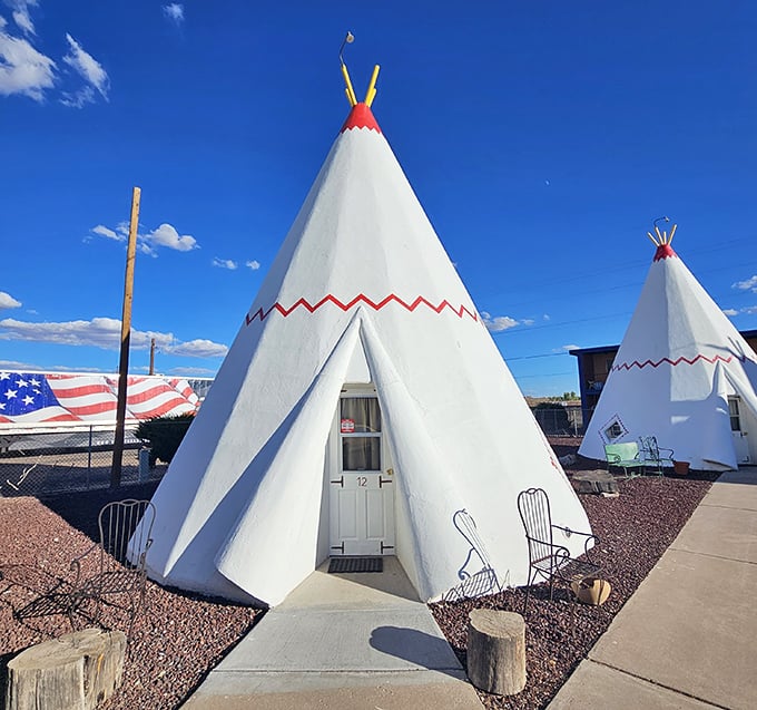 Stark white against desert landscape, these concrete teepees with their zigzag trim promise the quirkiest night's sleep in Arizona.