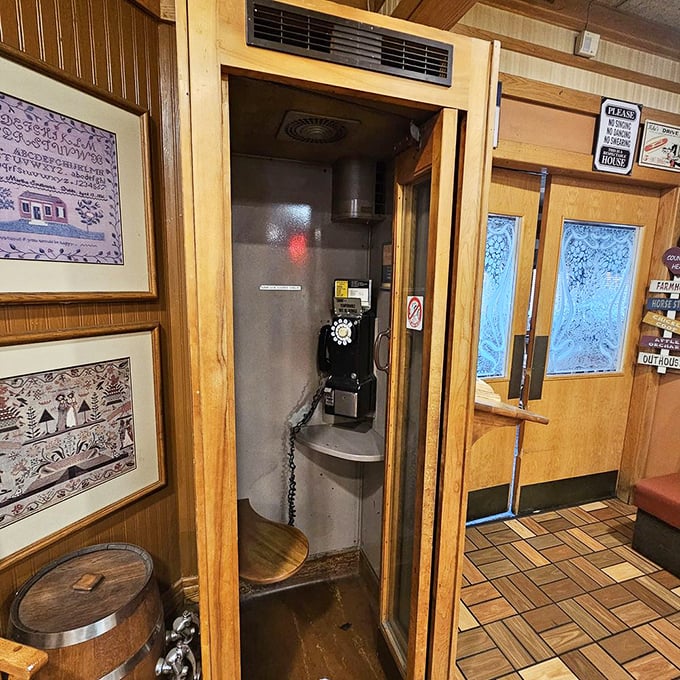 Even the phone booth feels nostalgic. Superman would approve of this vintage changing room for superheroes with breakfast cravings.