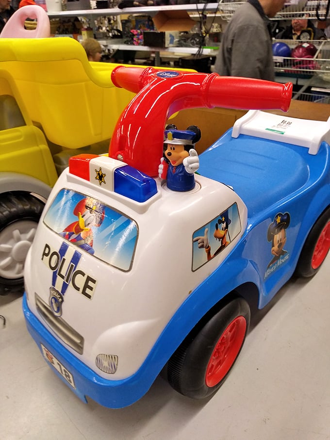 Tiny police cruiser, enormous potential for joy. This ride-on toy awaits a new deputy to patrol the living room beat at a fraction of toy store prices.