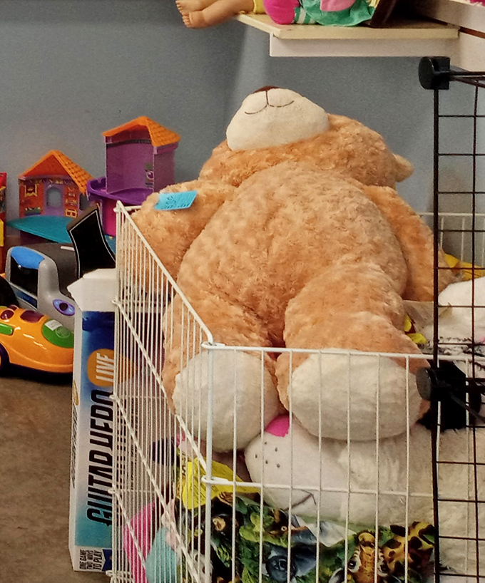 Plush paradise! This oversized teddy bear waits patiently in his wire basket home for a child's loving arms.