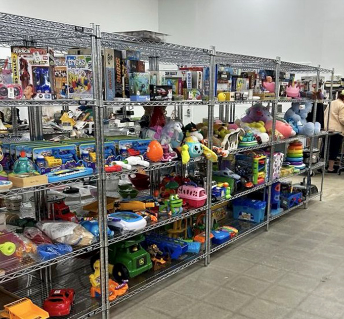 Toy shelves bursting with second chances for playtime, where childhood joy costs pennies not fortunes.