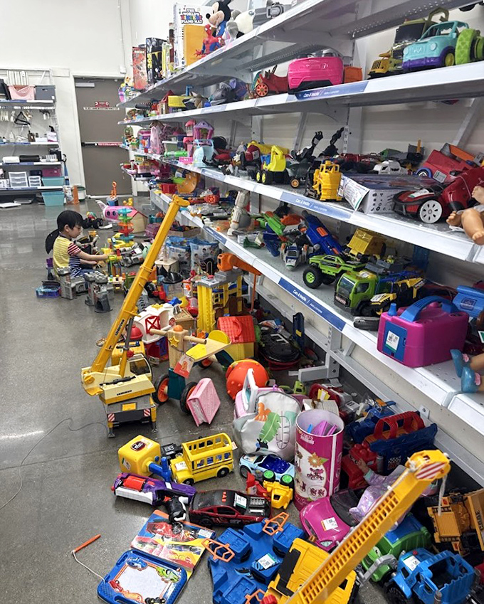 Toy department chaos that would make any child's eyes widen. That yellow crane might build imaginary skyscrapers for a fraction of retail price.