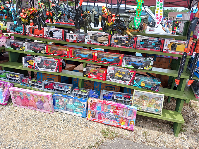 Childhood joy stacked three shelves high&mdash;these toys aren't trapped behind plastic packaging but waiting for imaginative new owners.