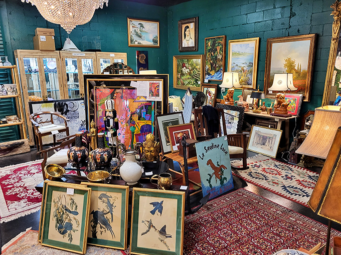 That teal brick wall makes every painting pop like it's opening night at the gallery.