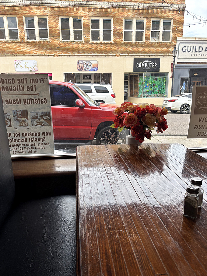 A window seat at Pearl's offers prime people-watching with a side of downtown Laurel charm and fresh flowers to boot.