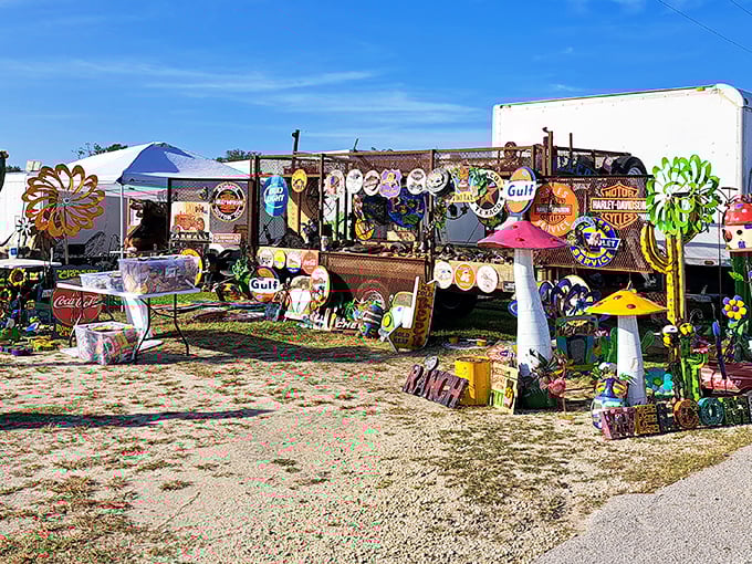 A roadside garden of metal nostalgia blooms with vintage signs and whimsical sculptures. One person's rusty memories become another's perfect patio decor.
