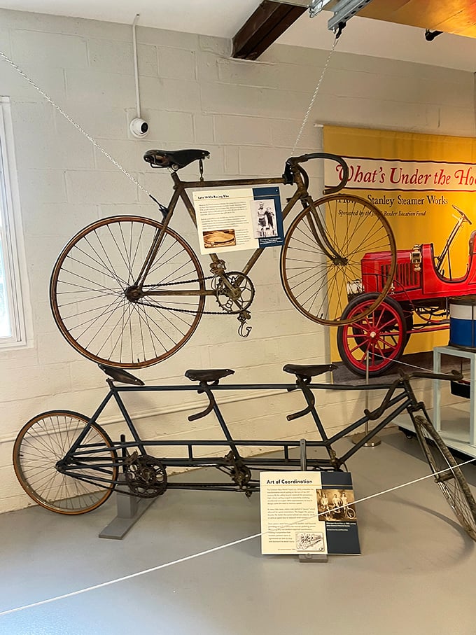 The art of coordination indeed! These vintage bicycles showcase transportation innovation before the automobile, including a tandem that surely tested many marriages.