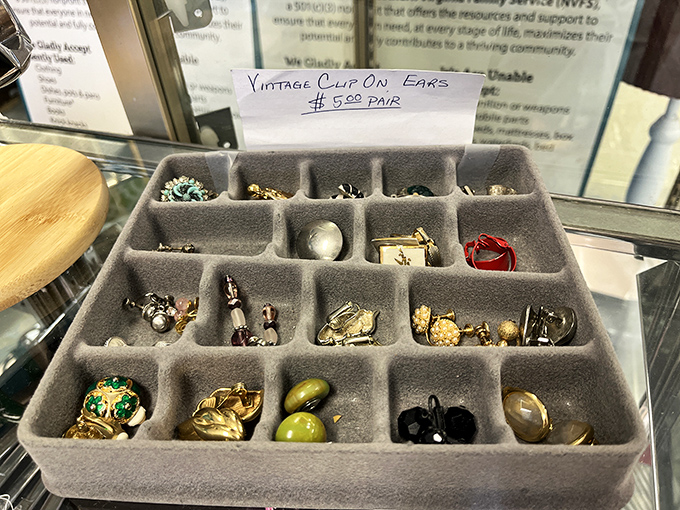 "Vintage Clip On Ears $5.00 Pair" reads like poetry to accessory hunters. Each compartment holds tiny time capsules of fashion history.