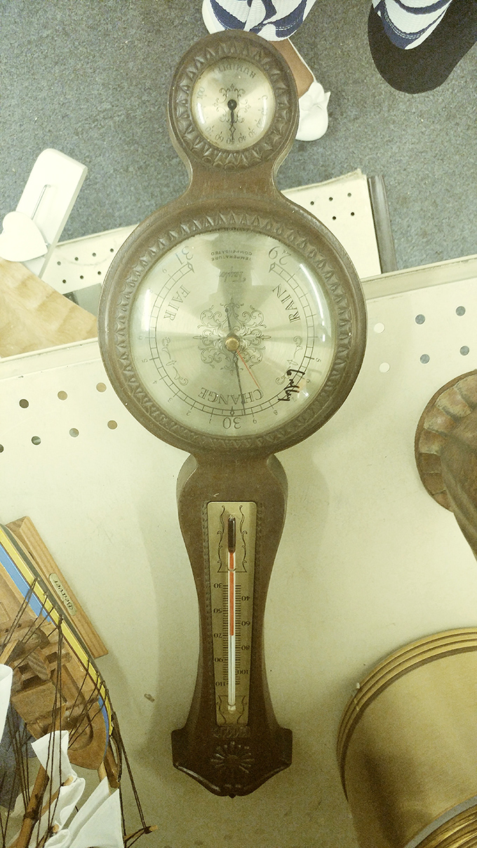 Vintage finds like this ornate barometer/thermometer combination piece offer both functionality and that "where did you find THAT?" conversation-starter appeal.