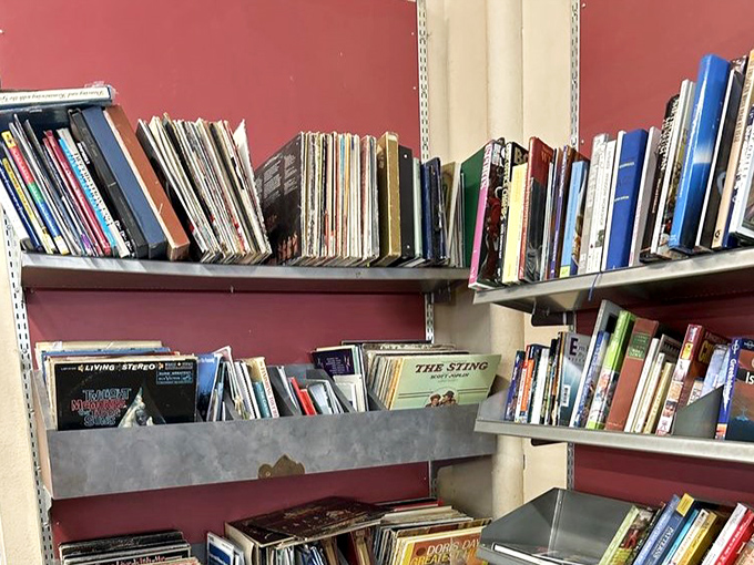 Vinyl records lean against each other like old friends, waiting for someone to appreciate their analog warmth again.