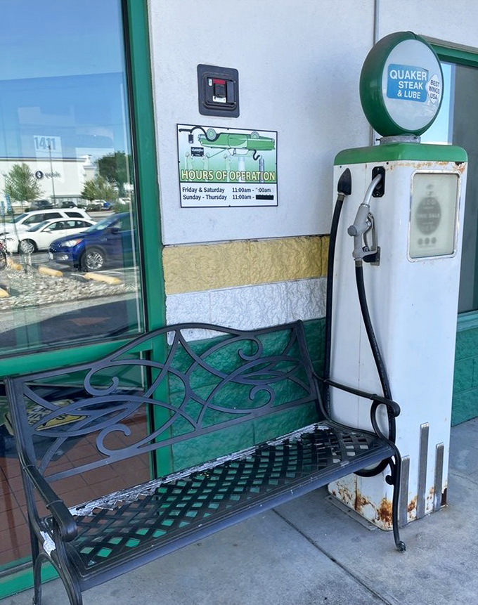 The vintage gas pump outside isn't functional for cars, but it perfectly fuels the nostalgic atmosphere that makes this place more than just a restaurant.
