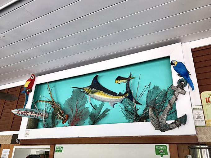 Marine-themed wall art reminds you that your breakfast spot and tonight's dinner were practically neighbors this morning.