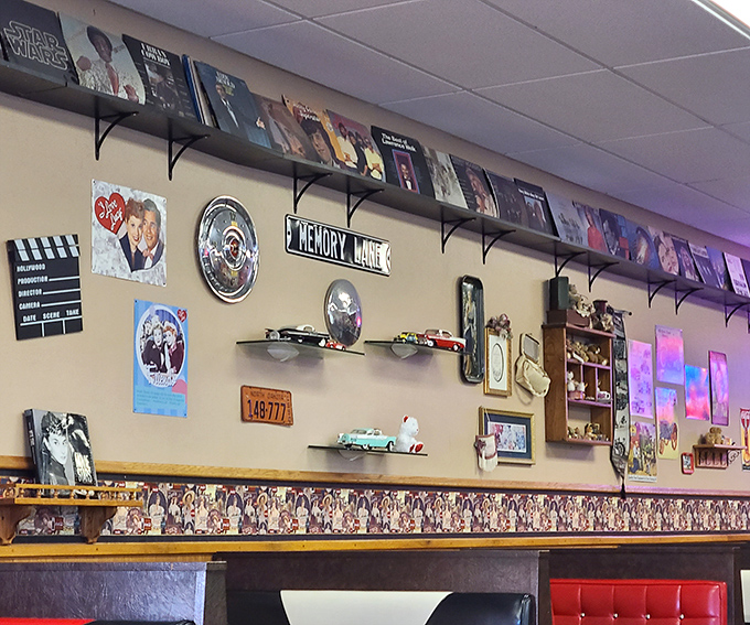 "Memory Lane" indeed—where vintage treasures and nostalgic memorabilia transform a simple meal into a journey through American pop culture.