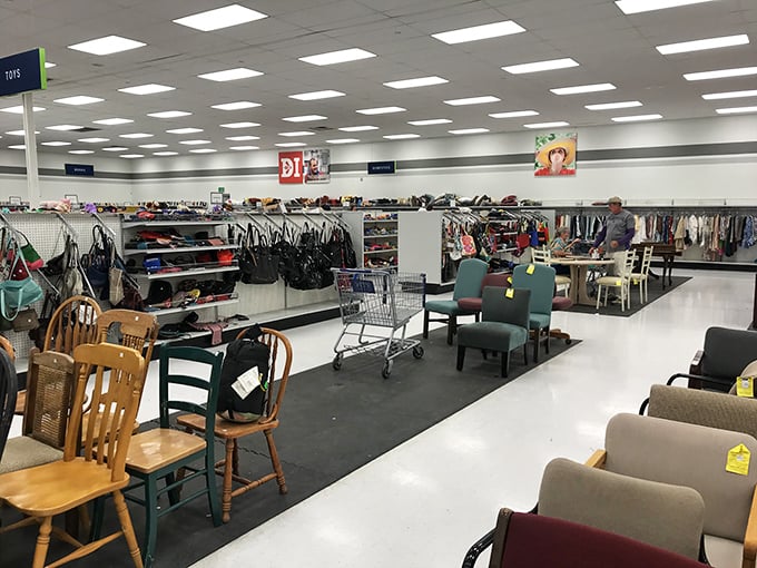 The furniture section stretches far and wide&mdash;a secondhand showroom where vintage wooden chairs mingle with contemporary office castoffs.