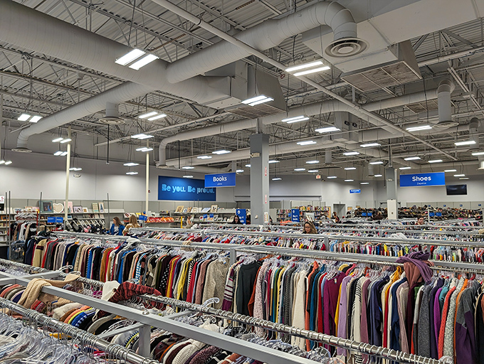 The view from above reveals the true scale of this thrifting wonderland, where racks stretch toward the horizon like a secondhand sea.