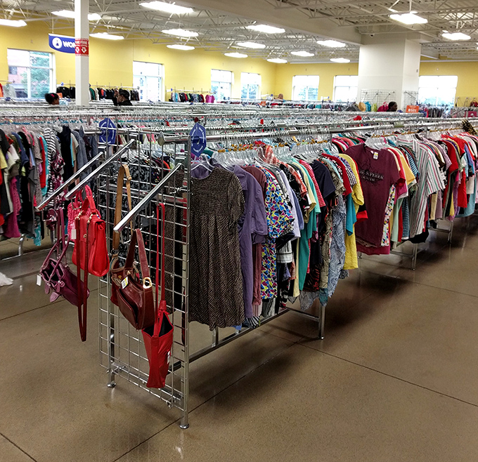 Women's apparel stretches as far as the eye can see. Organized by color and size, this section transforms overwhelming into manageable&mdash;retail therapy at its most affordable.