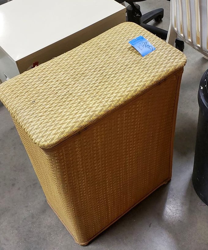 This golden woven hamper proves that even laundry storage can be stylish when discovered at thrift prices.