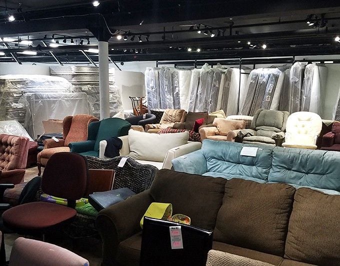 Sofa city! This furniture gathering looks like a living room support group&mdash;each piece hoping to find its forever home.