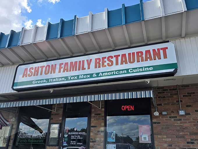 Ashton Family Restaurant's awning promises three cuisines under one roof - like cable TV for food. 