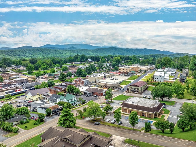 Blue Ridge's mountain charm spreads out below like a postcard that came to life and invited you in.