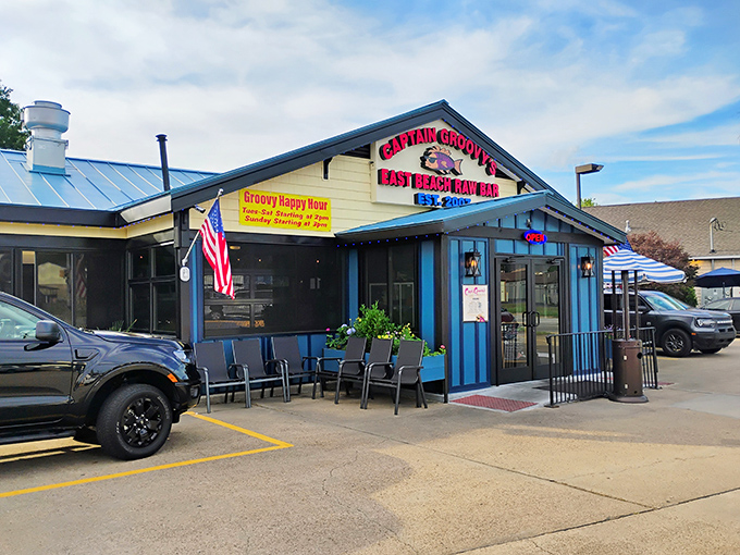 Captain Groovy's blue-trimmed entrance looks ready to transport you to a seafood experience that lives up to its fun name.