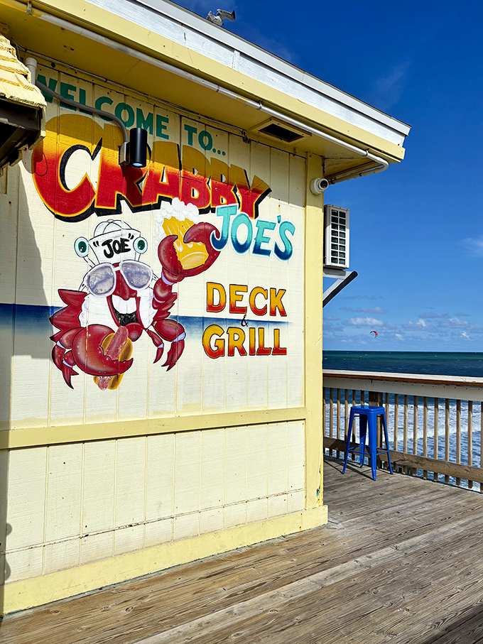 Crabby Joe's cheerful cartoon mascot promises fun times ahead, like a friendly neighborhood beach party.