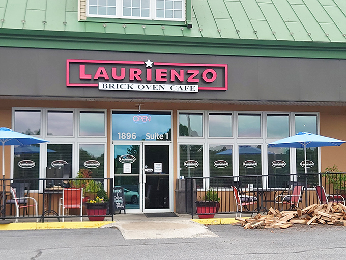 Laurienzo's welcoming patio and bright red sign promise brick-oven delights in suburban Maryland.