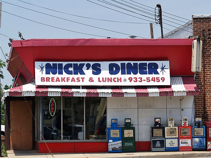 Nick's Diner's bright red awning stands out like a beacon for breakfast lovers in Wheaton.