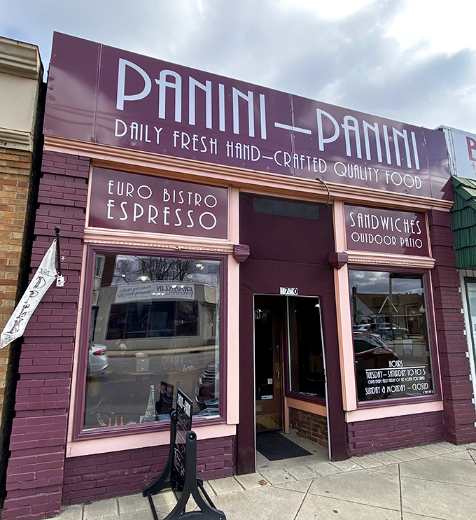 Pretty in purple! Panini Panini's distinctive burgundy storefront brings European sandwich flair to Michigan City with promises of espresso and pressed perfection.