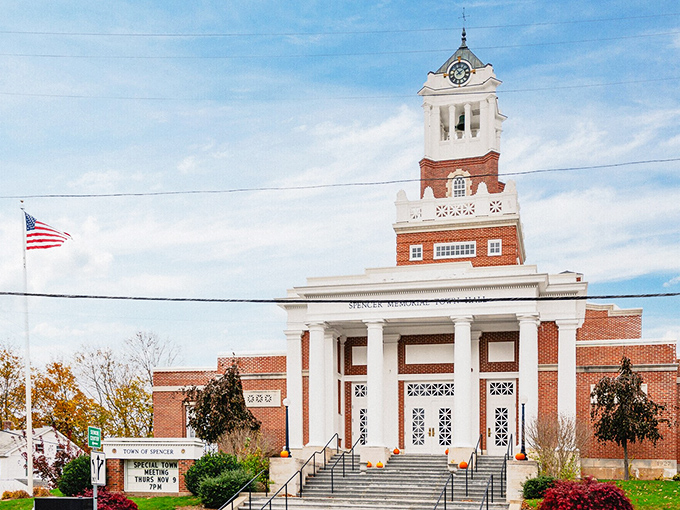 Columns of affordability! Spencer's impressive town hall governs a community where living costs bow respectfully to limited budgets.