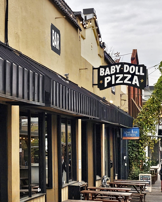 That simple black awning shelters serious East Coast pizza attitude in the heart of Portland.
