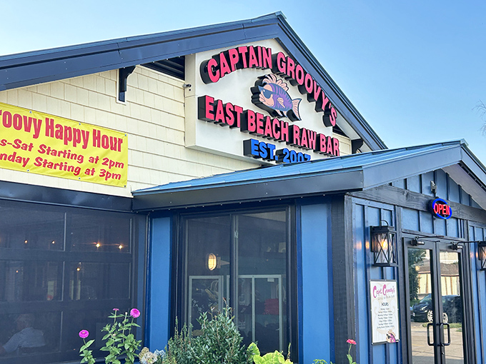 The playful sign at Captain Groovy's hints at the laid-back vibe inside, where serious seafood meets not-so-serious atmosphere.