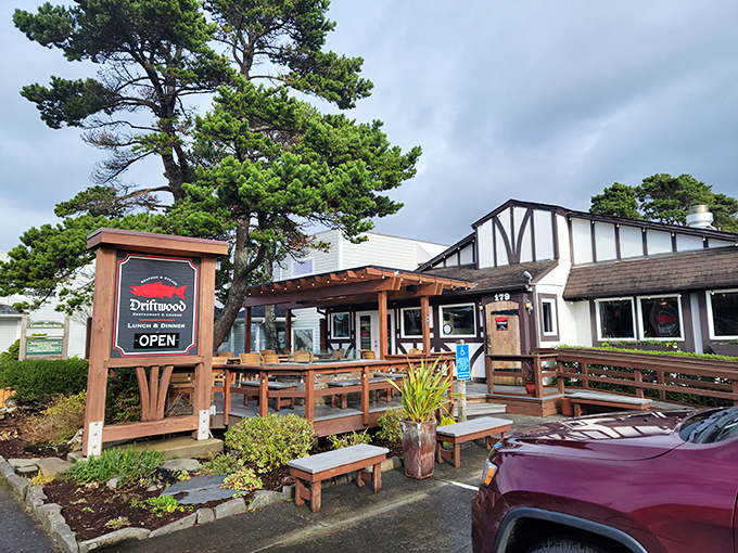 The wooden deck at Driftwood invites you to linger over seafood treasures while soaking in Cannon Beach charm.
