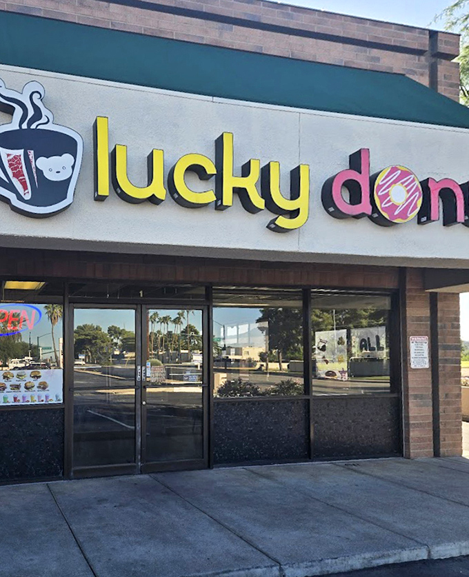 The green awning of Lucky Donuts shelters a world of sweet possibilities. Two beloved treats under one convenient roof.