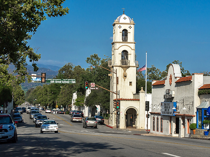 The bell tower stands as Ojai's iconic landmark against a perfect blue sky. Like a postcard that somehow wandered into real life.