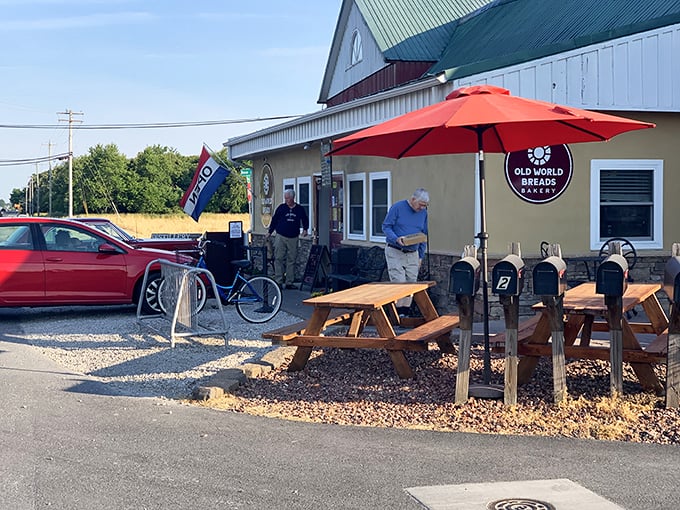 Picnic tables and a welcoming entrance invite you to linger over coffee and donuts. The perfect small-town bakery experience.