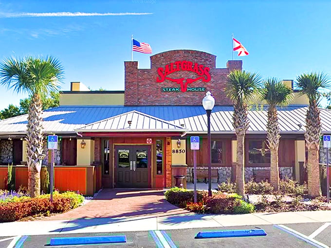 The Western-themed exterior sets expectations for the hand-cut, flame-grilled excellence waiting inside.