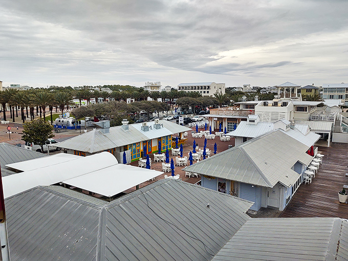 Seaside's food pavilion looks like the world's most stylish food court&mdash;where metal roofs and blue umbrellas create a feast for the eyes before the meal.