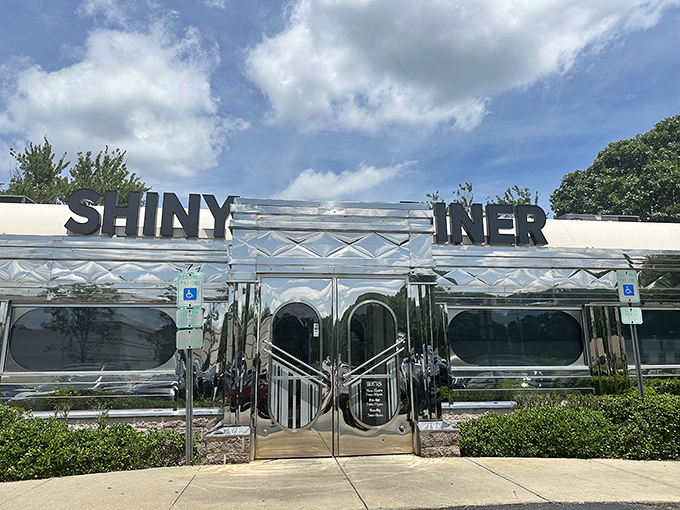 Chrome dreams and breakfast schemes! The Shiny Diner's metallic exterior reflects both sunlight and America's love affair with classic diners.