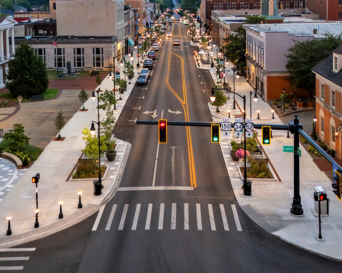 As evening approaches, Danville's main thoroughfare transforms into a ribbon of light, proving small towns know how to shine after sunset too.