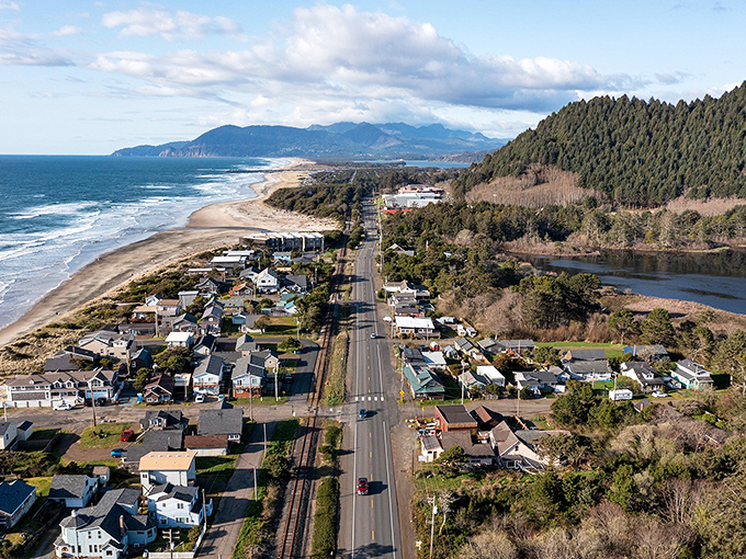 Bird's eye brilliance&mdash;this aerial view shows how perfectly Manzanita is nestled between mountain, forest, beach, and bay, like nature's perfect sandwich.
