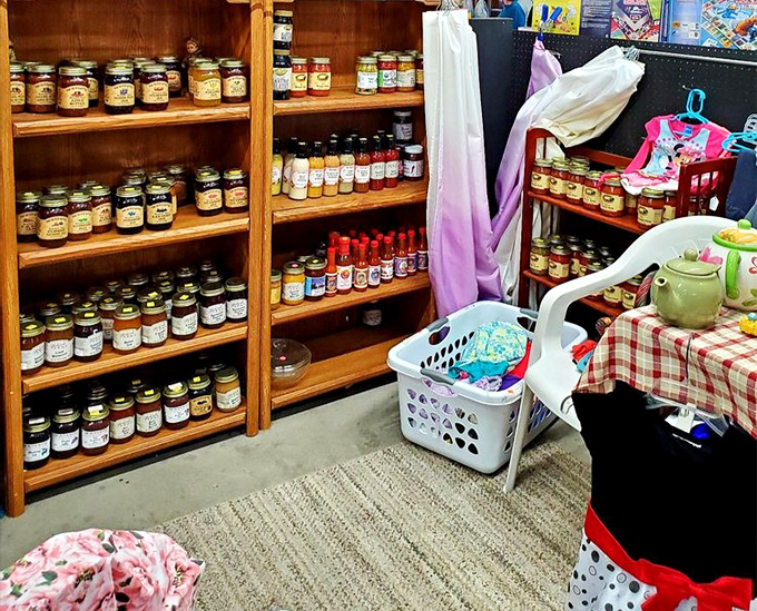 Homemade jams and preserves lined up like edible jewels. Grandma's secret recipes without having to call and ask how she's doing for an hour.