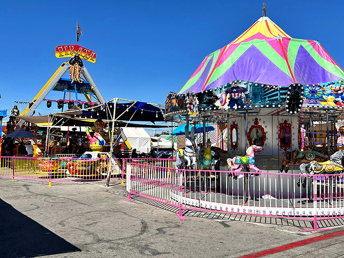 The carnival section adds a splash of county fair magic to the marketplace experience, where shopping breaks become mini-adventures on colorful rides.