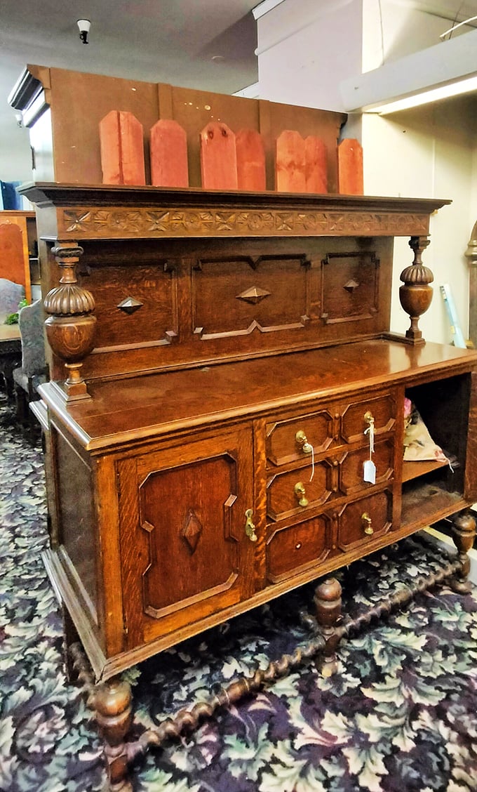 Craftsmanship that's outlived its original owners. This sideboard's intricate details showcase woodworking skills rarely seen in today's furniture.