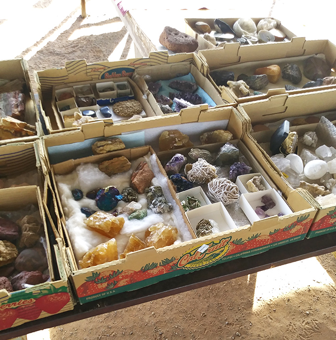 Nature's jewelry box spilled across fruit crates&mdash;crystals and minerals that somehow look both magical and slightly like fancy rock candy.