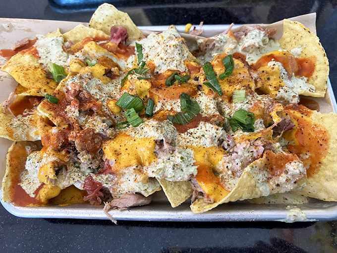 BBQ nachos that make you question why you've wasted time on lesser versions. The green onions add that "I'm being healthy" illusion.