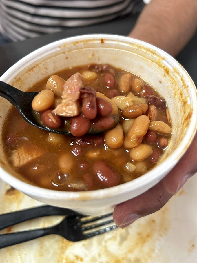 BBQ beans that have clearly been introduced to chunks of smoked meat and decided to start a beautiful friendship in this bowl.