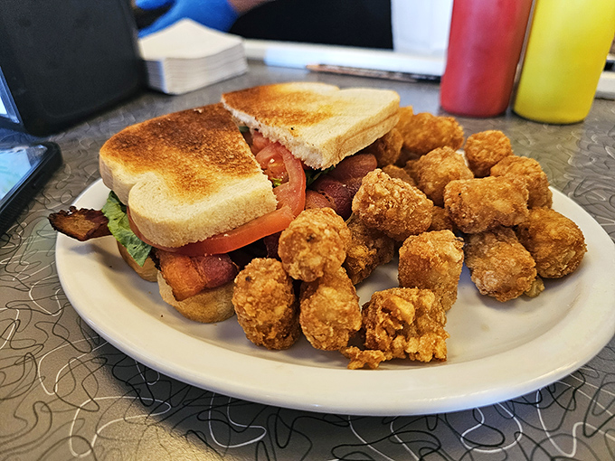 The BLT: three humble letters that spell satisfaction. Paired with golden tater tots, it's a plate of nostalgic comfort that never disappoints.
