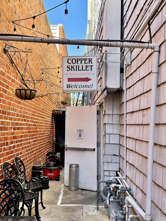 The secret entrance for those in-the-know&mdash;follow the "Welcome" sign down the alley for breakfast treasures that await beyond.
